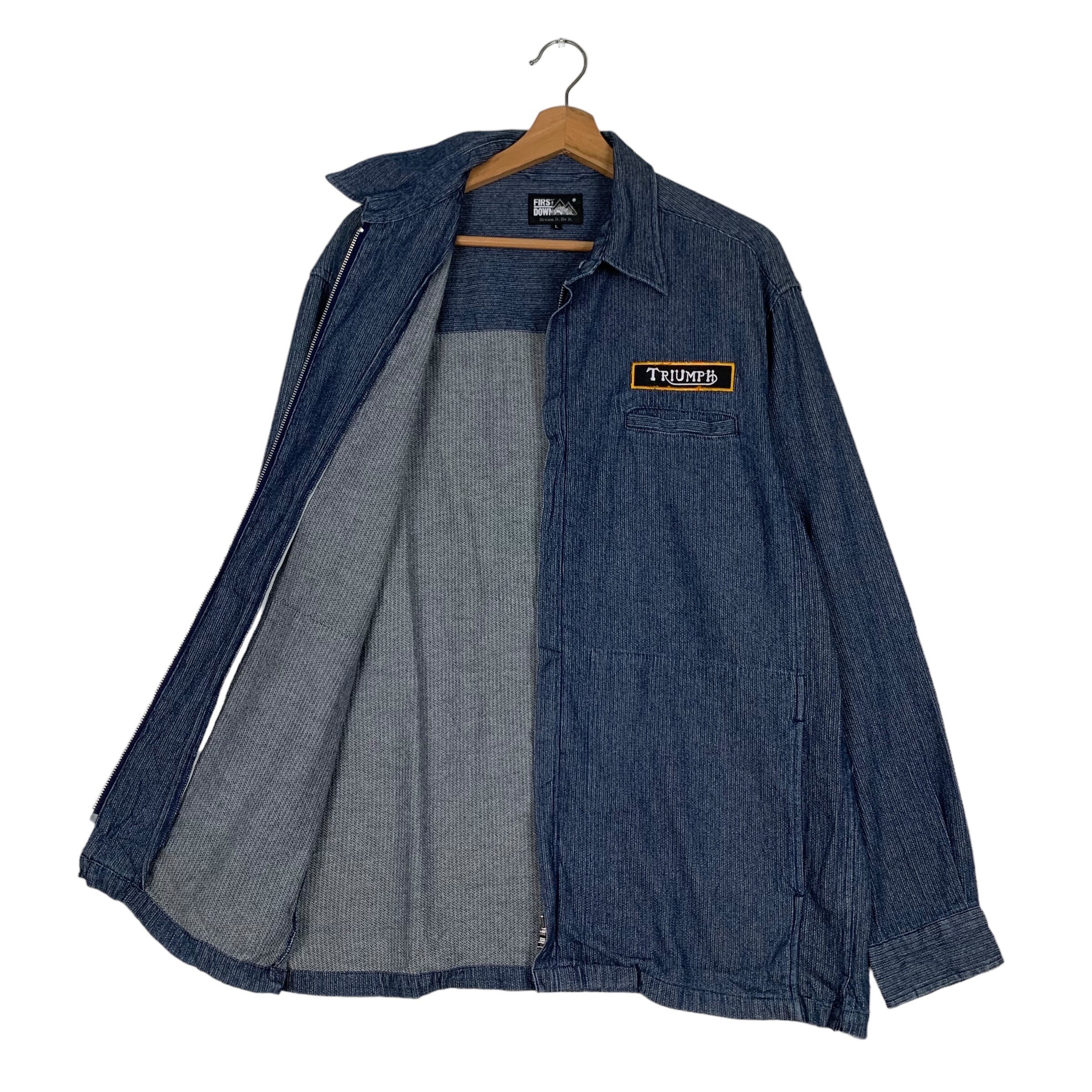 Vintage FIRST DOWN Triumph Patches Logo Denim Jacket Size L Casual ...