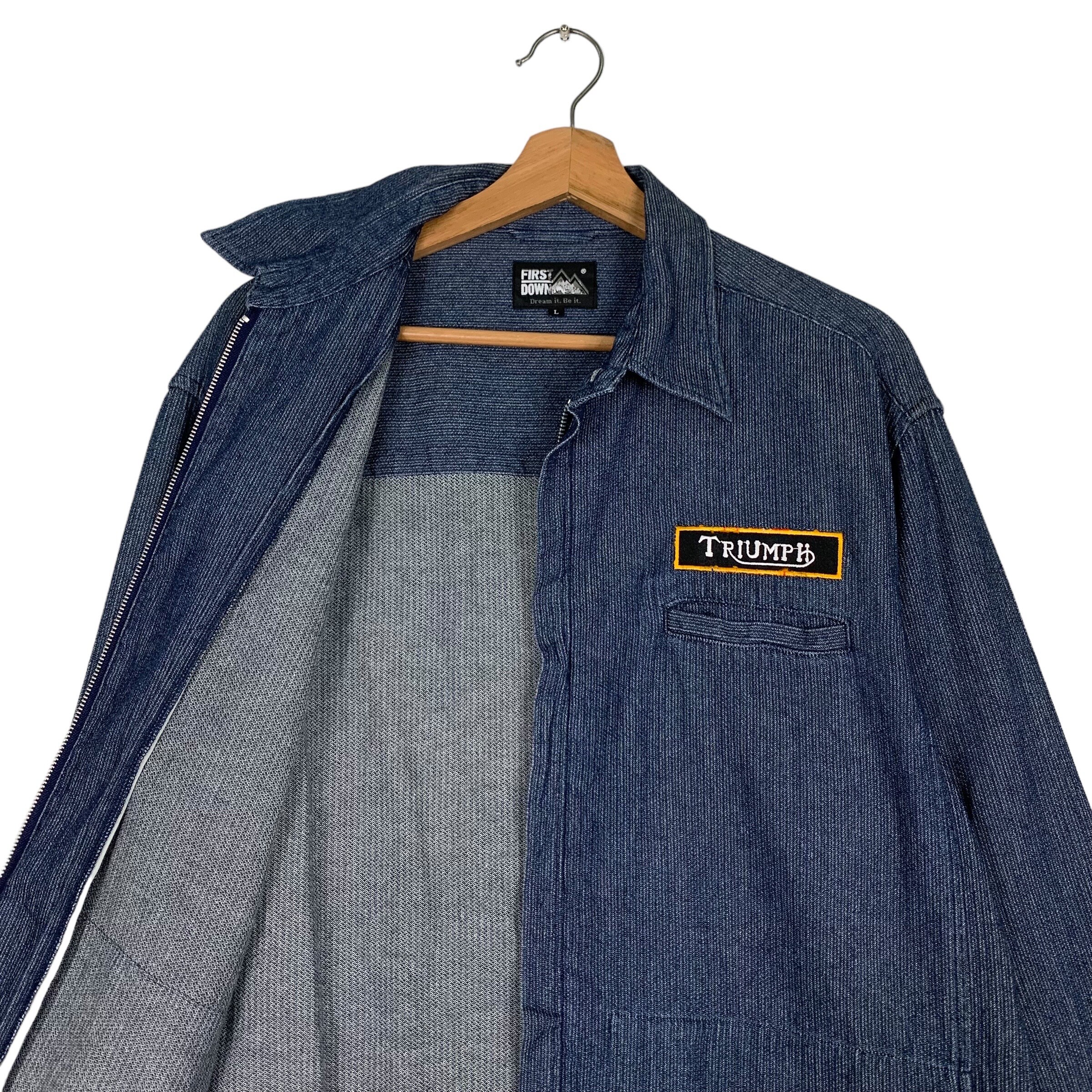 Vintage FIRST DOWN Triumph Patches Logo Denim Jacket Size L Casual ...