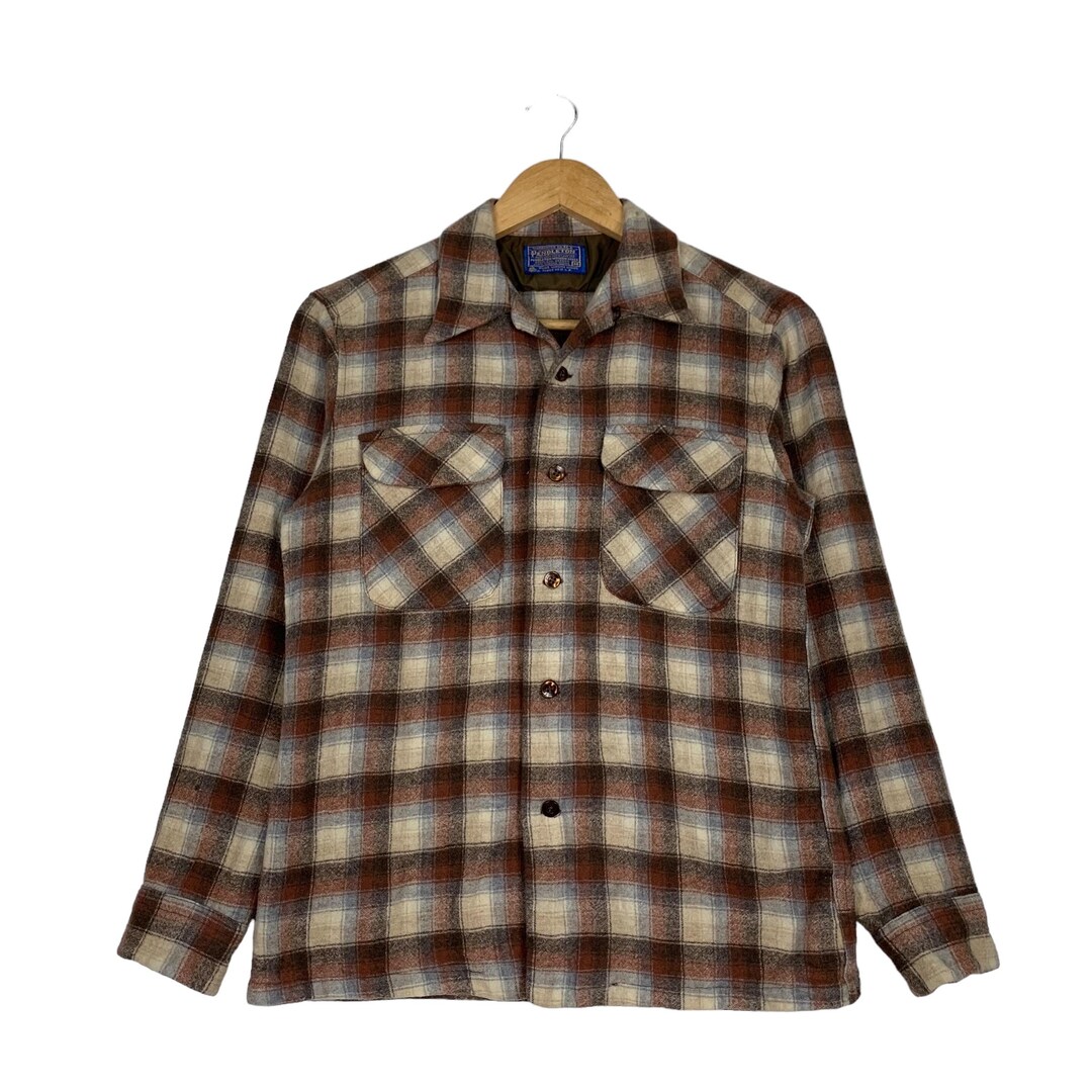Vintage PENDLETON Made in USA Brown Checked Wool Flannel Men's Size M Shadow Plaid Tartan ...