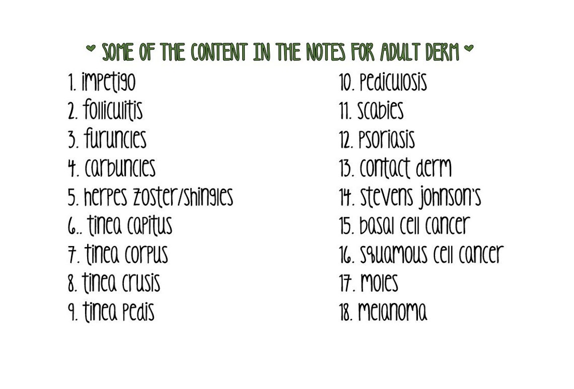 Adult Dermatology Nursing - Cheat Sheets - Etsy