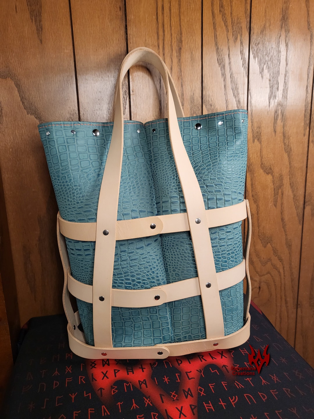 Leather Basket Tote Bag Teal Dragon Skin | Large Tote Bag | Luxury ...