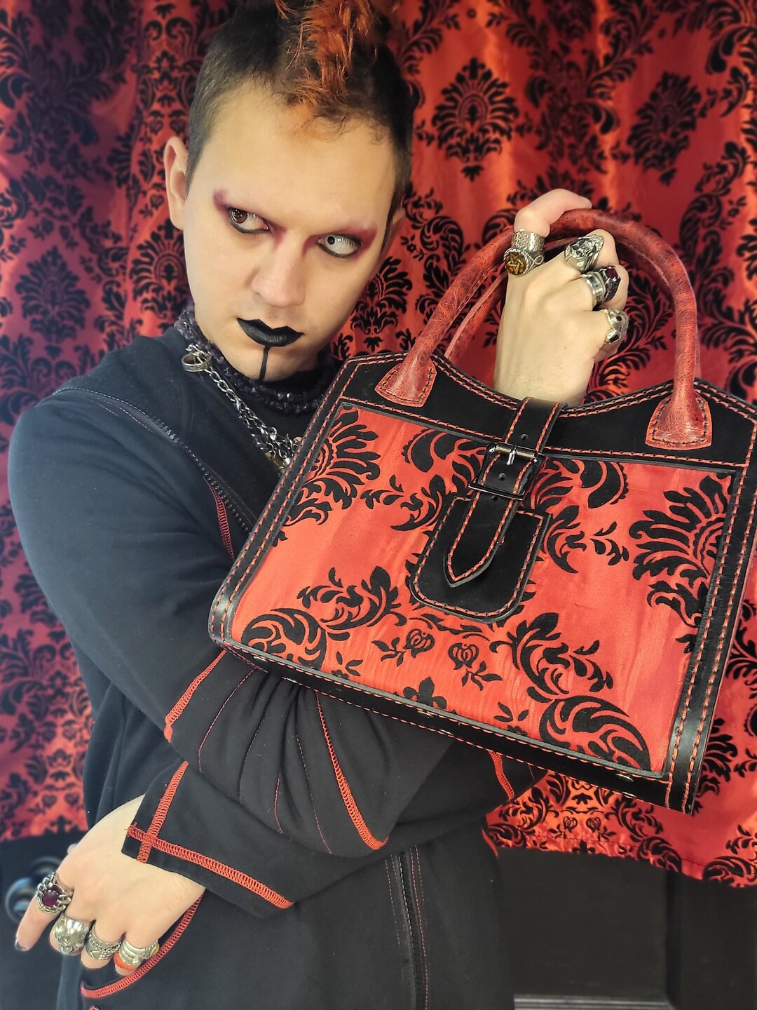 Victorian Leather Curtain Purse | Damask Pattern Leather Bag | Handmade ...