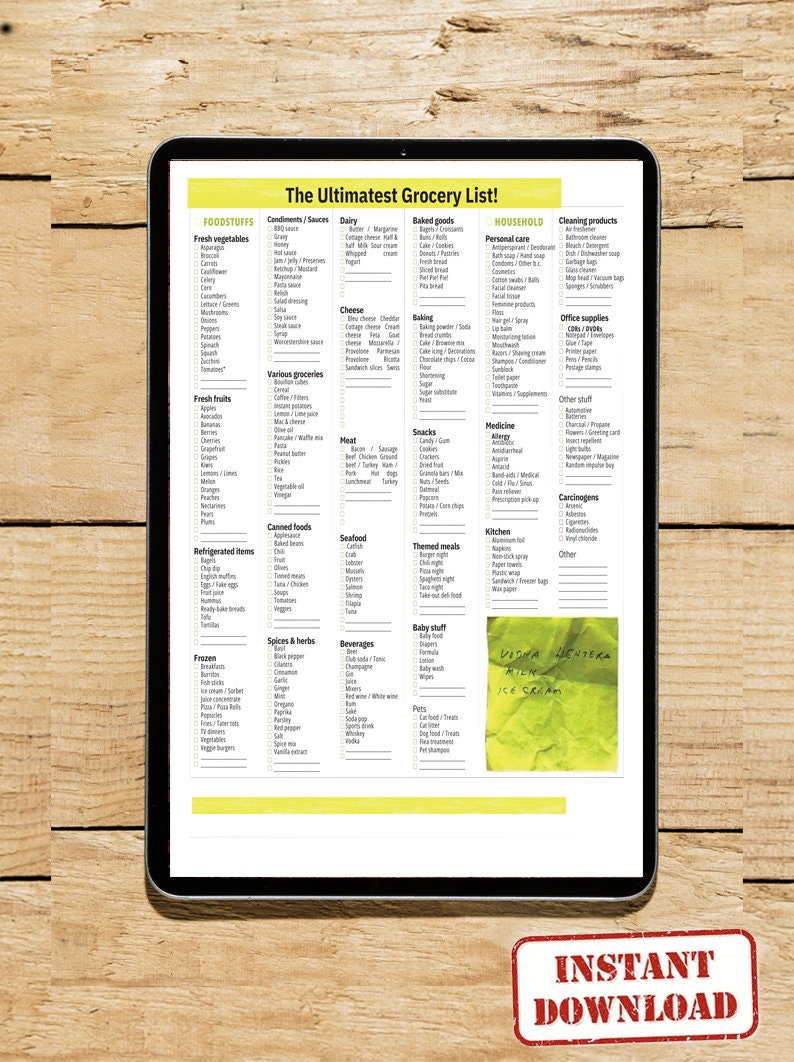 Basic Grocery List Large Colorful Grocery Shopping List Printable Grocery Checklist Master ...