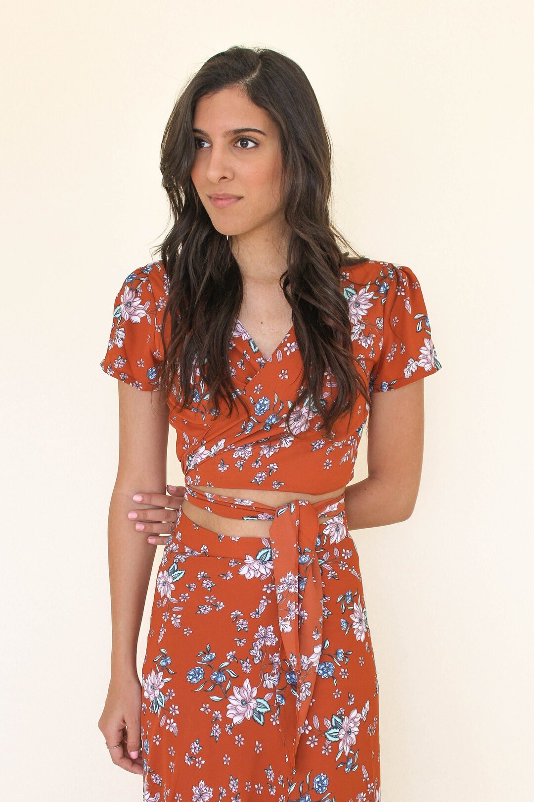 Floral Wrap Top, Crop Top, Orange White Flowers, Wrap Around Shirt ...