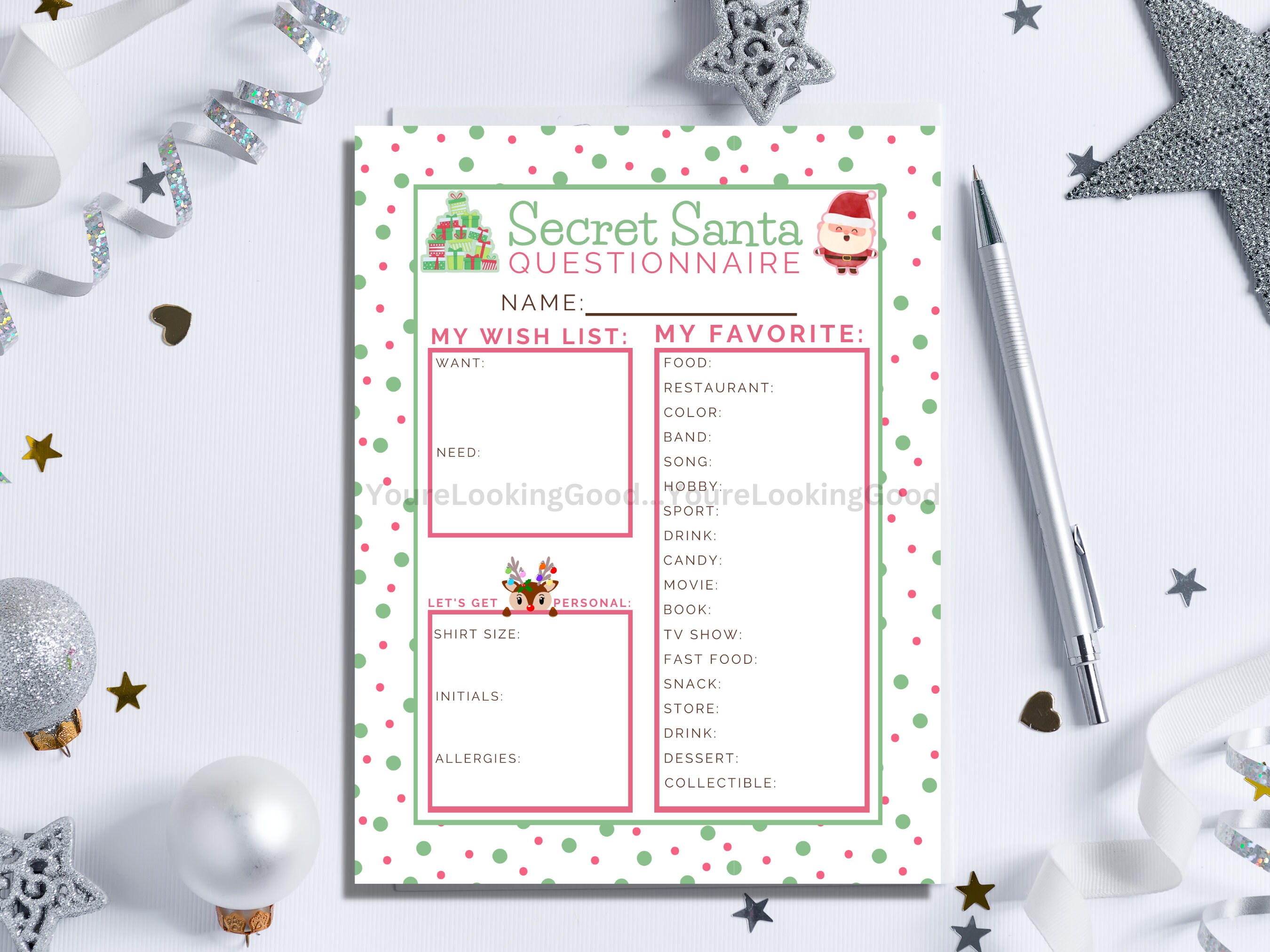 Printable Secret Santa Form Survey PDF, My Favorite Things List About ...