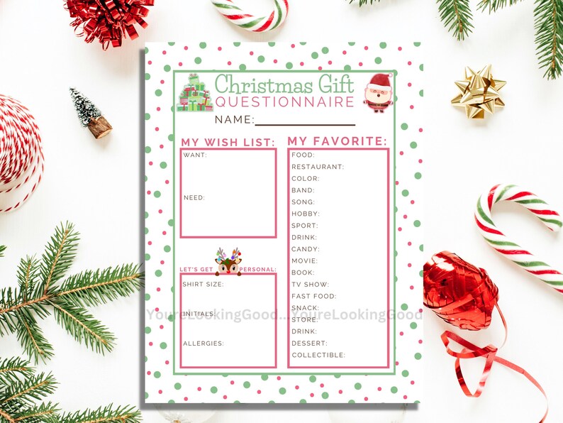 Printable Secret Santa Form Survey PDF My Favorite Things - Etsy