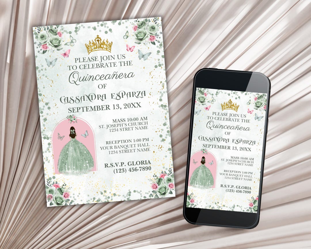 Digital Quince Invitation Template, Quinceanera Sage Green, Editable ...