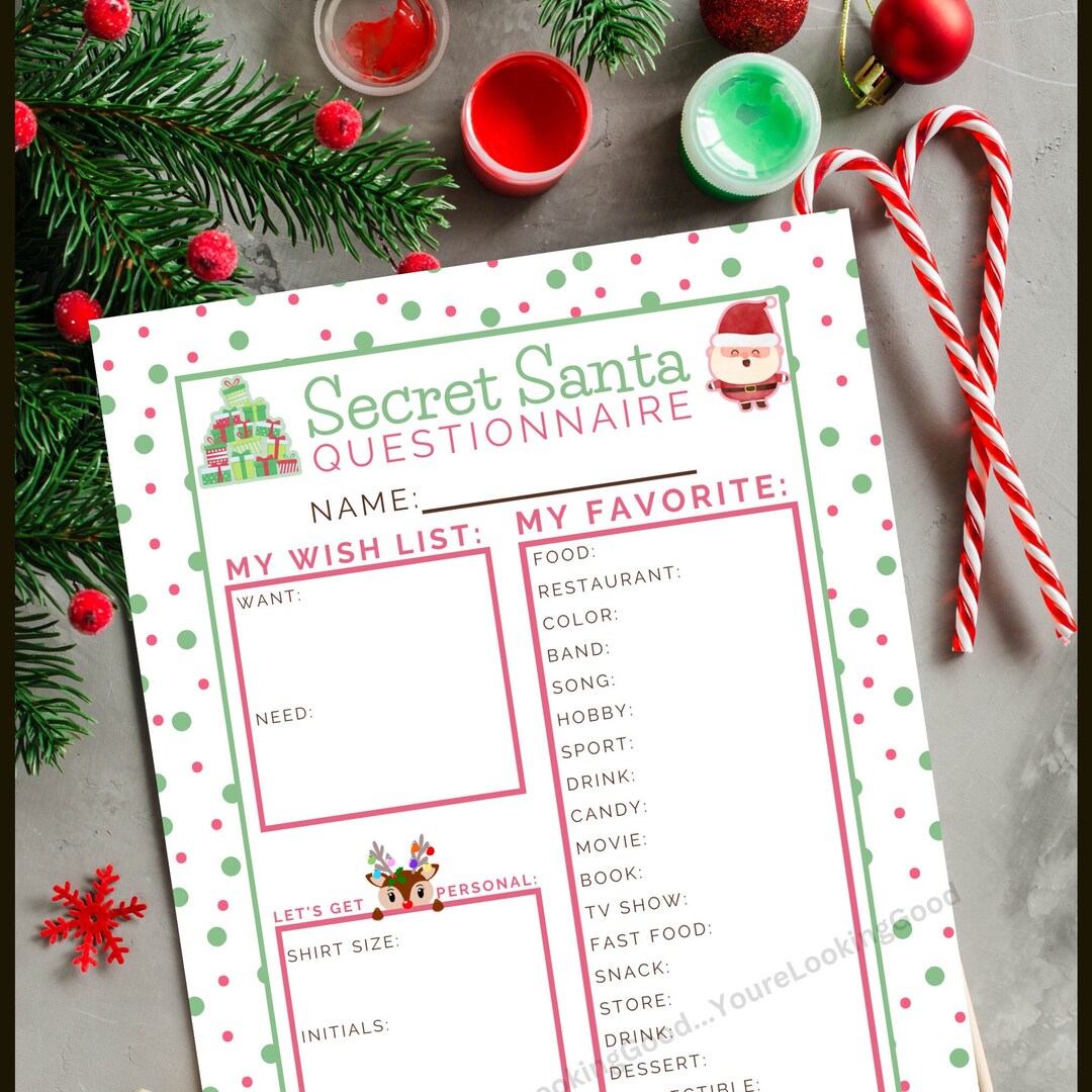 Printable Secret Santa Form Survey PDF, My Favorite Things List About ...