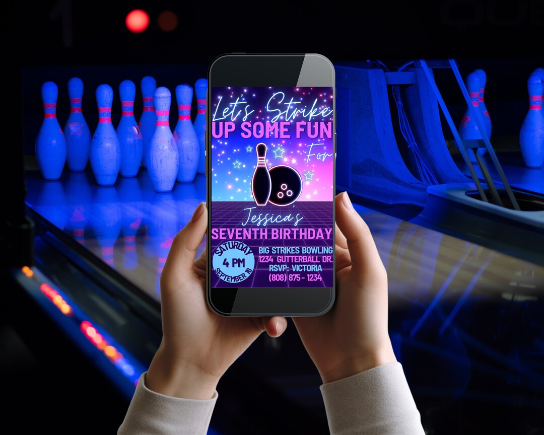 Girls Bowling Birthday Party Invitation for Kids, Girl Glow Neon ...