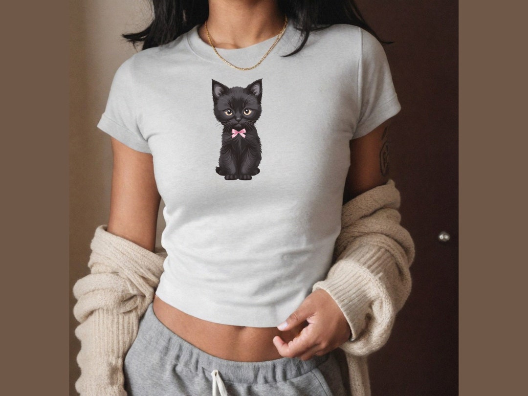 Y2K Coquette Top, Black Cat With Pink Bow Trendy Womens Baby Tee, Retro 90s Style Cat Lover ...