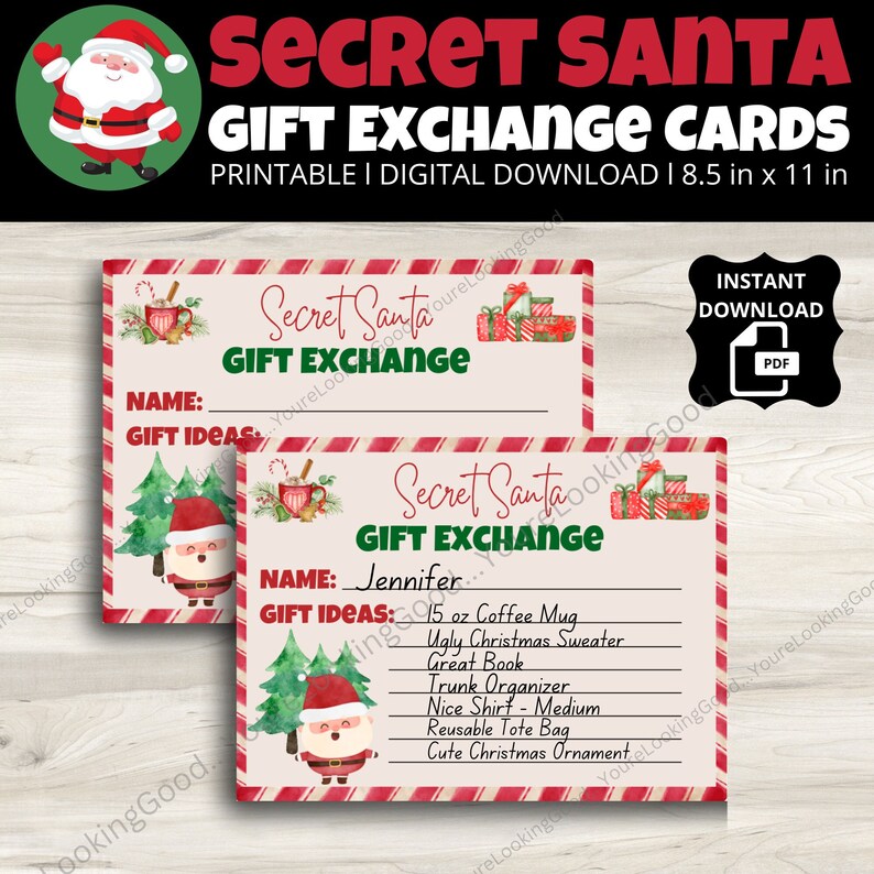 Secret Santa Gift Exchange Form, Christmas Gift Exchange Idea Card ...