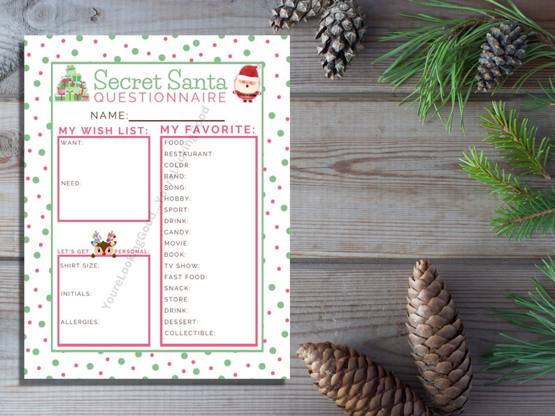 Printable Secret Santa Form Survey PDF, My Favorite Things List About ...