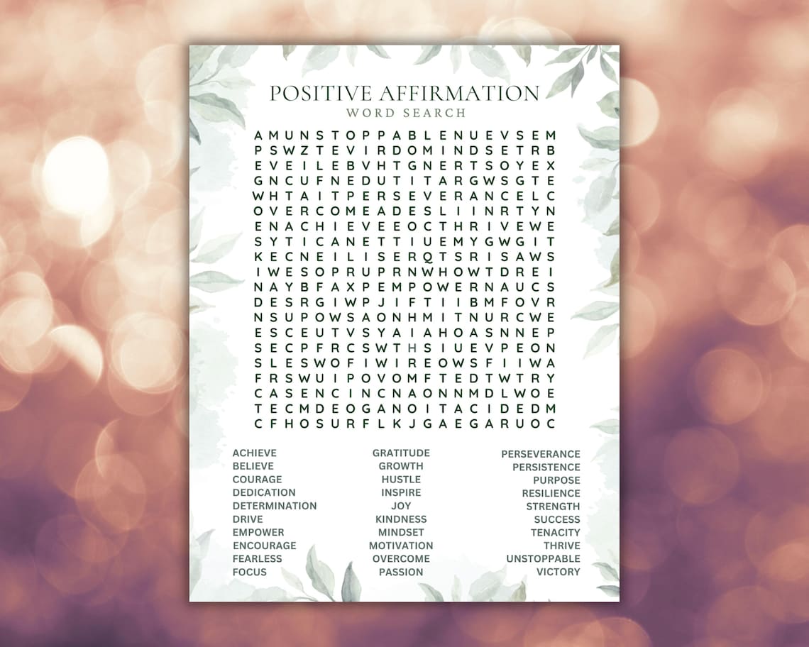 Positive Affirmation Word Search Printable Puzzle for Adults, Mental ...