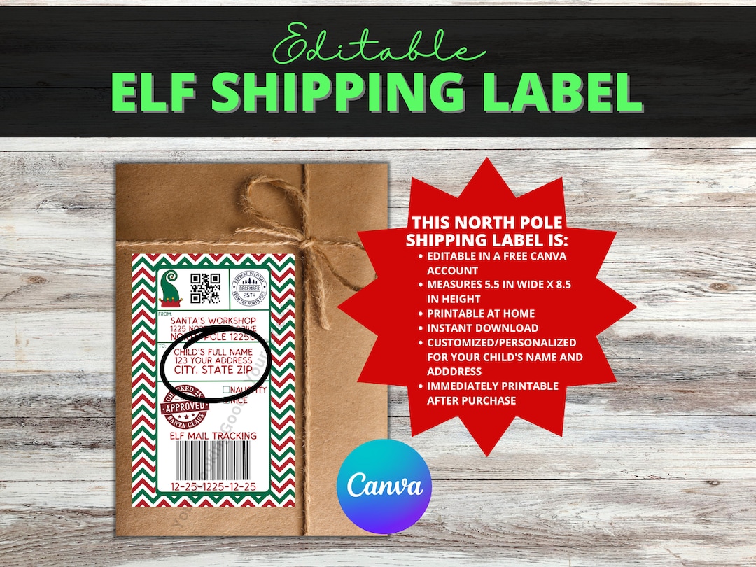 Elf Mail Shipping Label, North Pole Secret Santa Mail, Elf Arrival Box ...