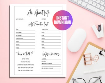 All About Me - Getting to Know You Form - Etsy