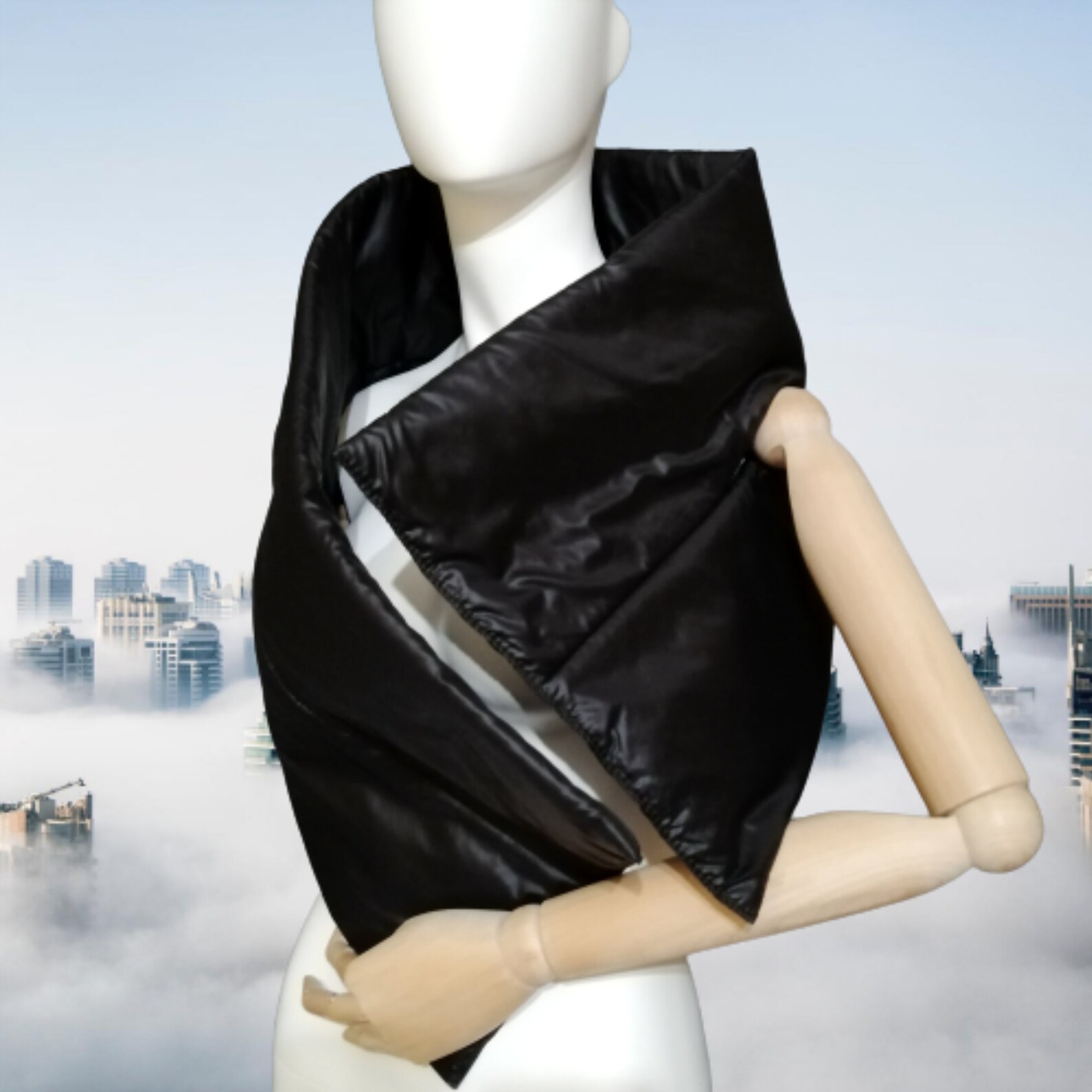 Black Padded Scarf. Quilted Down Shawl. Warm Puffer Scarf. Winter Scarf ...