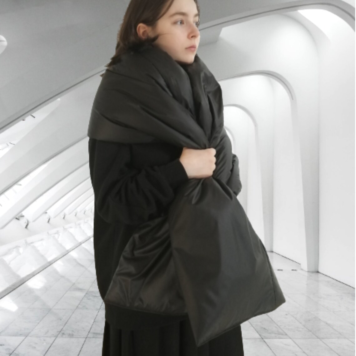 Black Cape Around Shoulders Wrap. Woman's Large Scarf Puffer 22x80 In ...