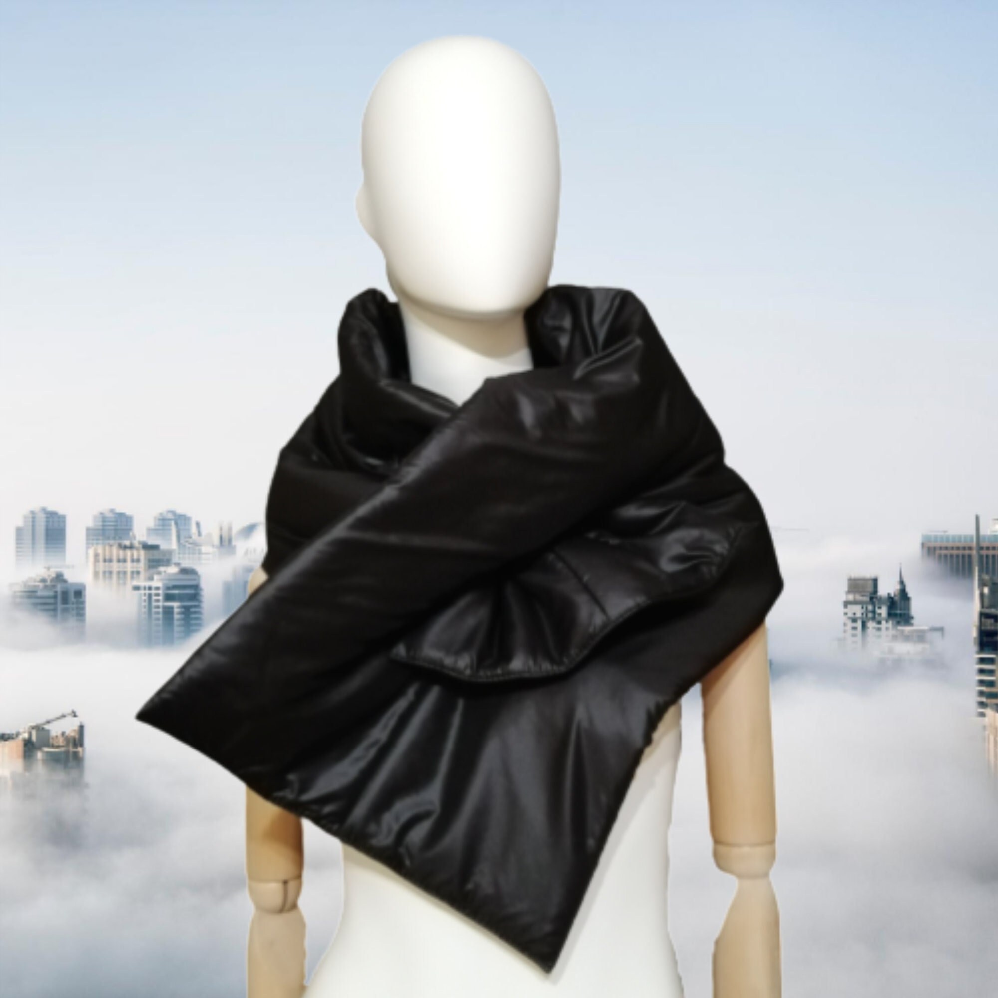 Black Padded Scarf. Quilted Down Shawl. Warm Puffer Scarf. Winter Scarf ...