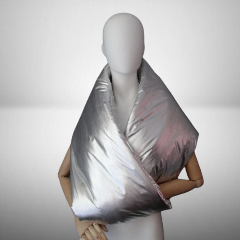 Silver Metallic Quilted Infinity Scarf. Foil Fabric Twisted Puffer ...