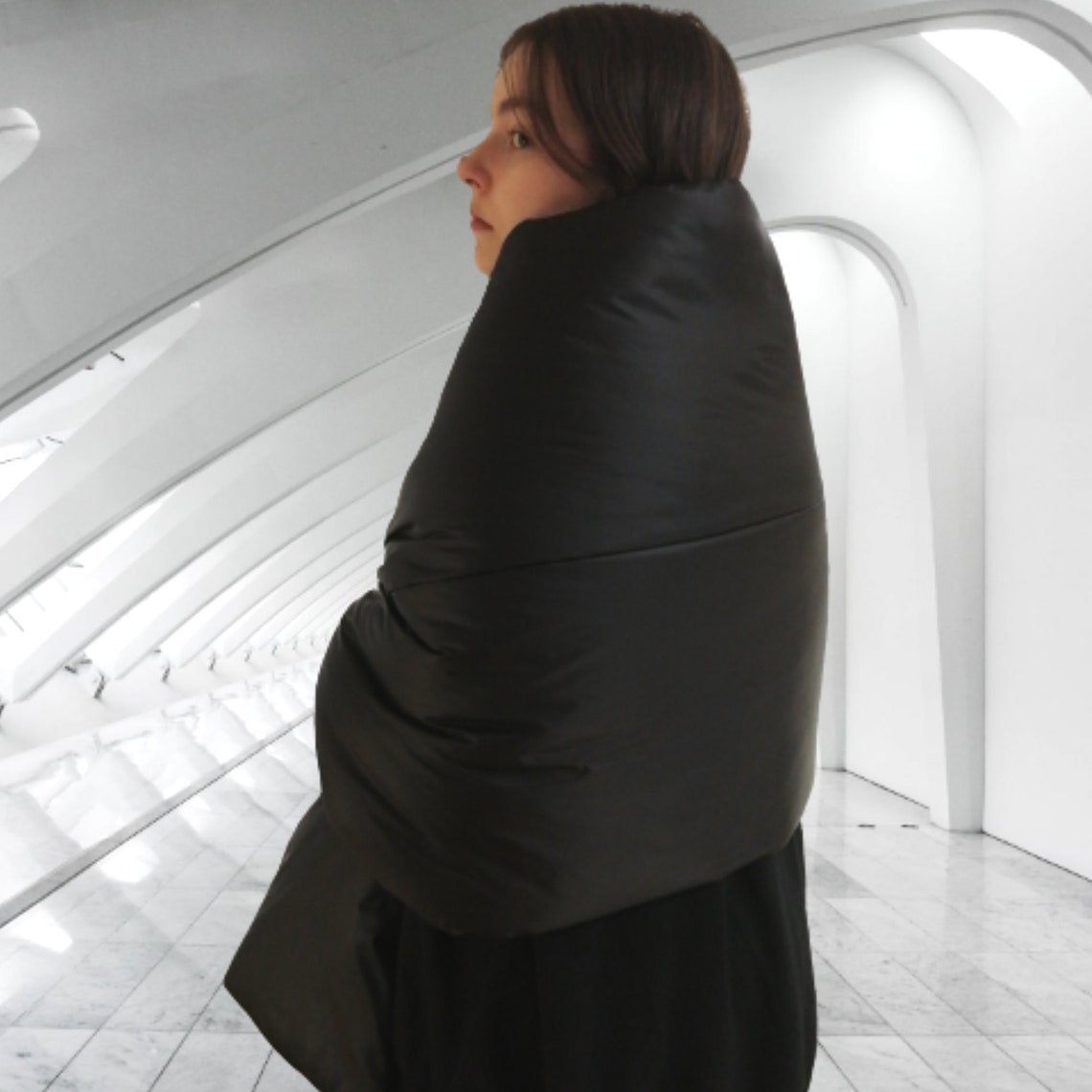 Black Cape Around Shoulders Wrap. Woman's Large Scarf Puffer 22x80 In ...