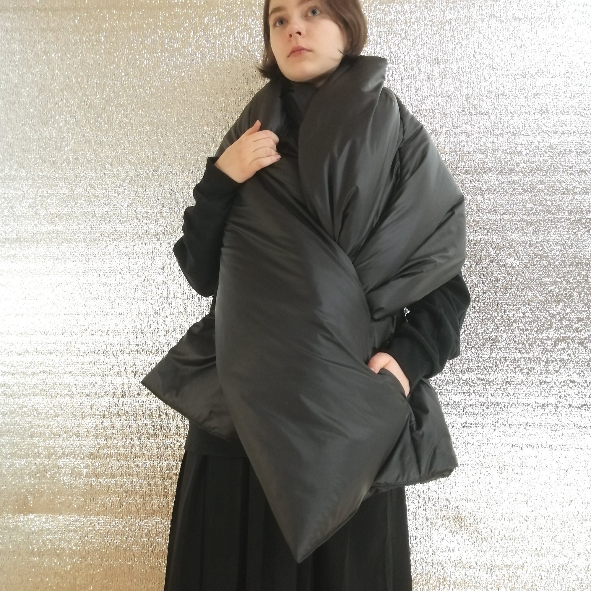 Black Cape Around Shoulders Wrap With 2 Pockets. Woman's Large Scarf ...