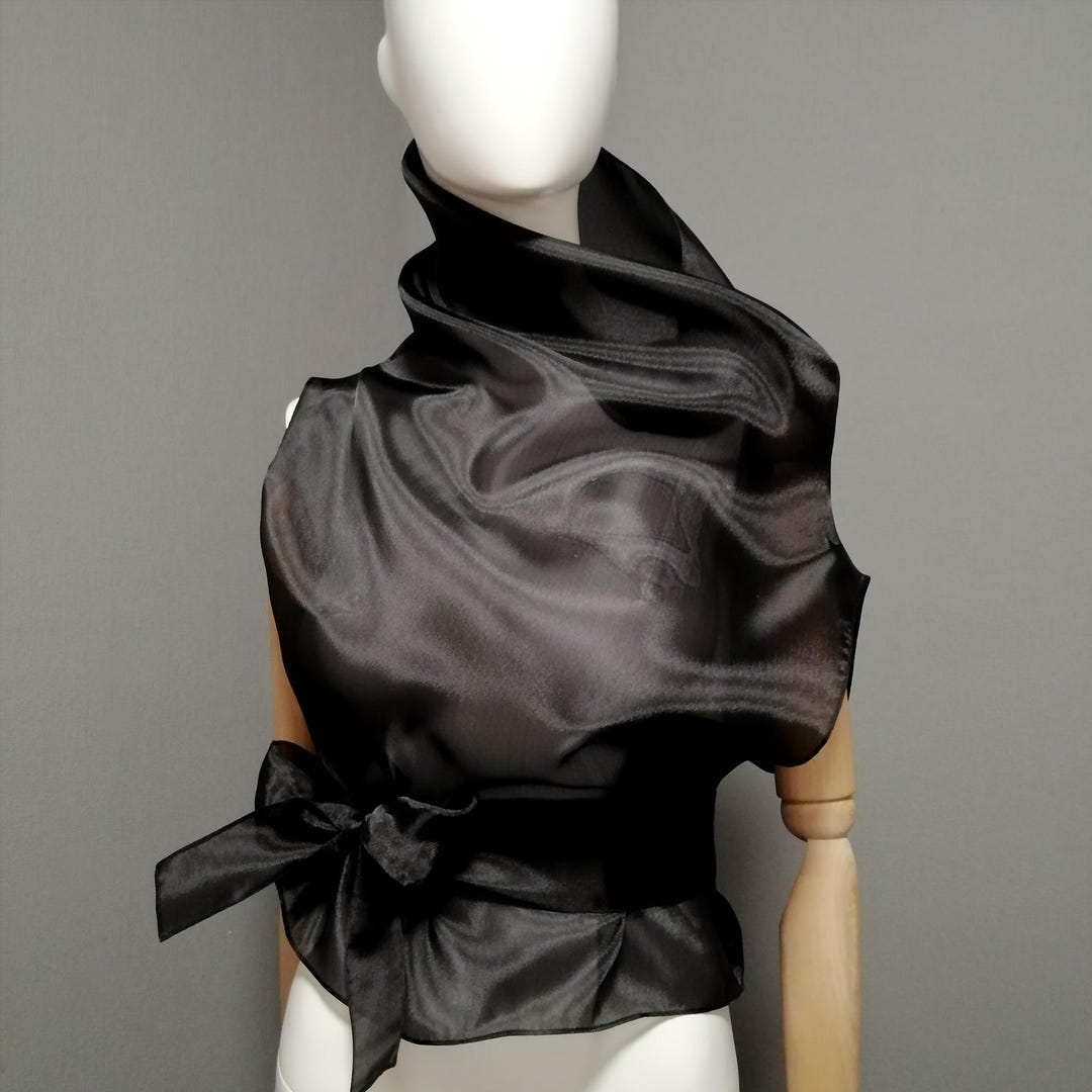 Black High Neck Belted Blouse Made of Translucent Organza. Transparent ...