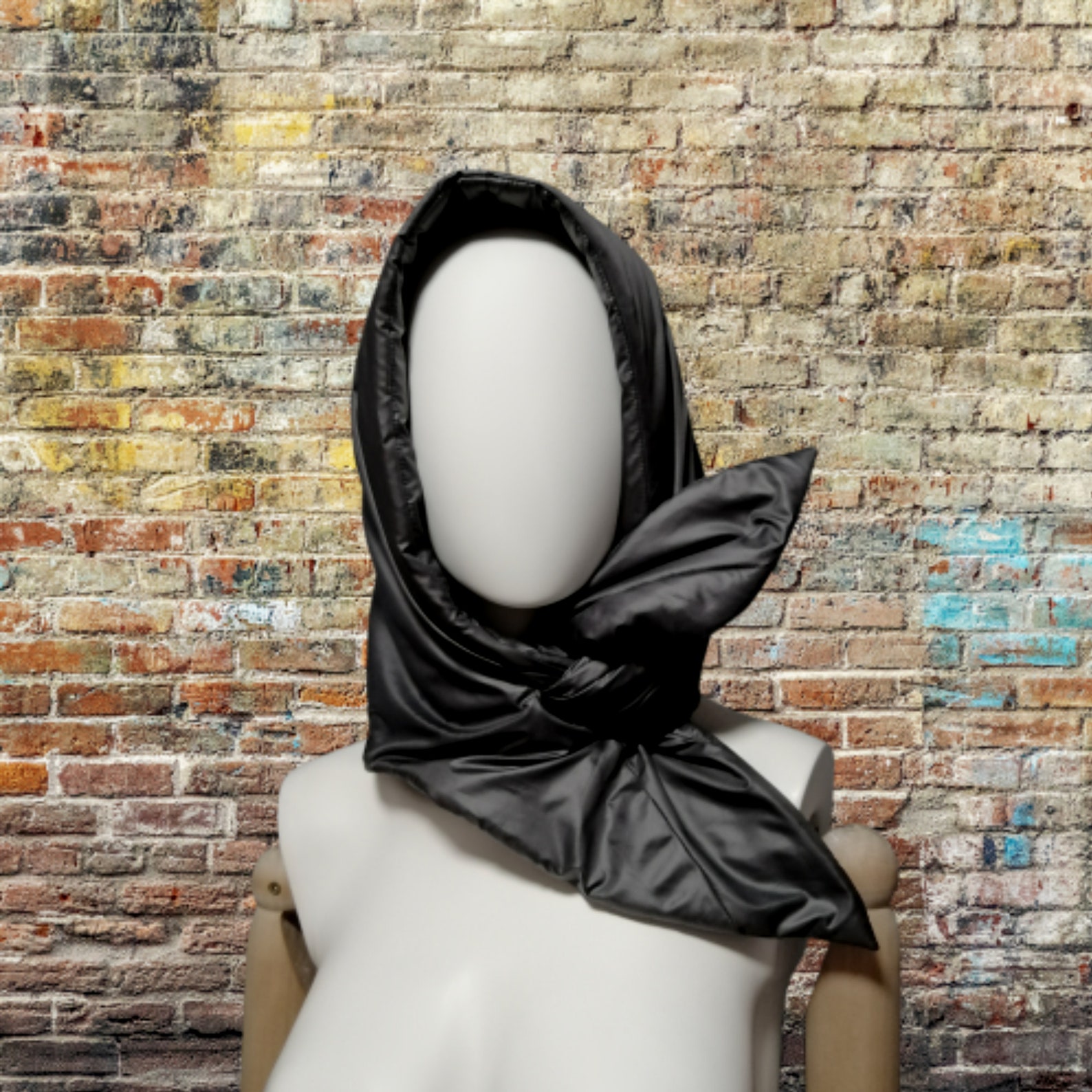 Black Quilted Kerchief. Hood Scarf Puffer. Light Down Headdress. Padded ...