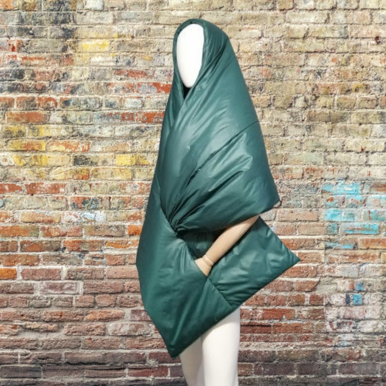 Hooded Quilted Green Cape With 2 Pockets. Large Puffer Sleeveless Cloak ...