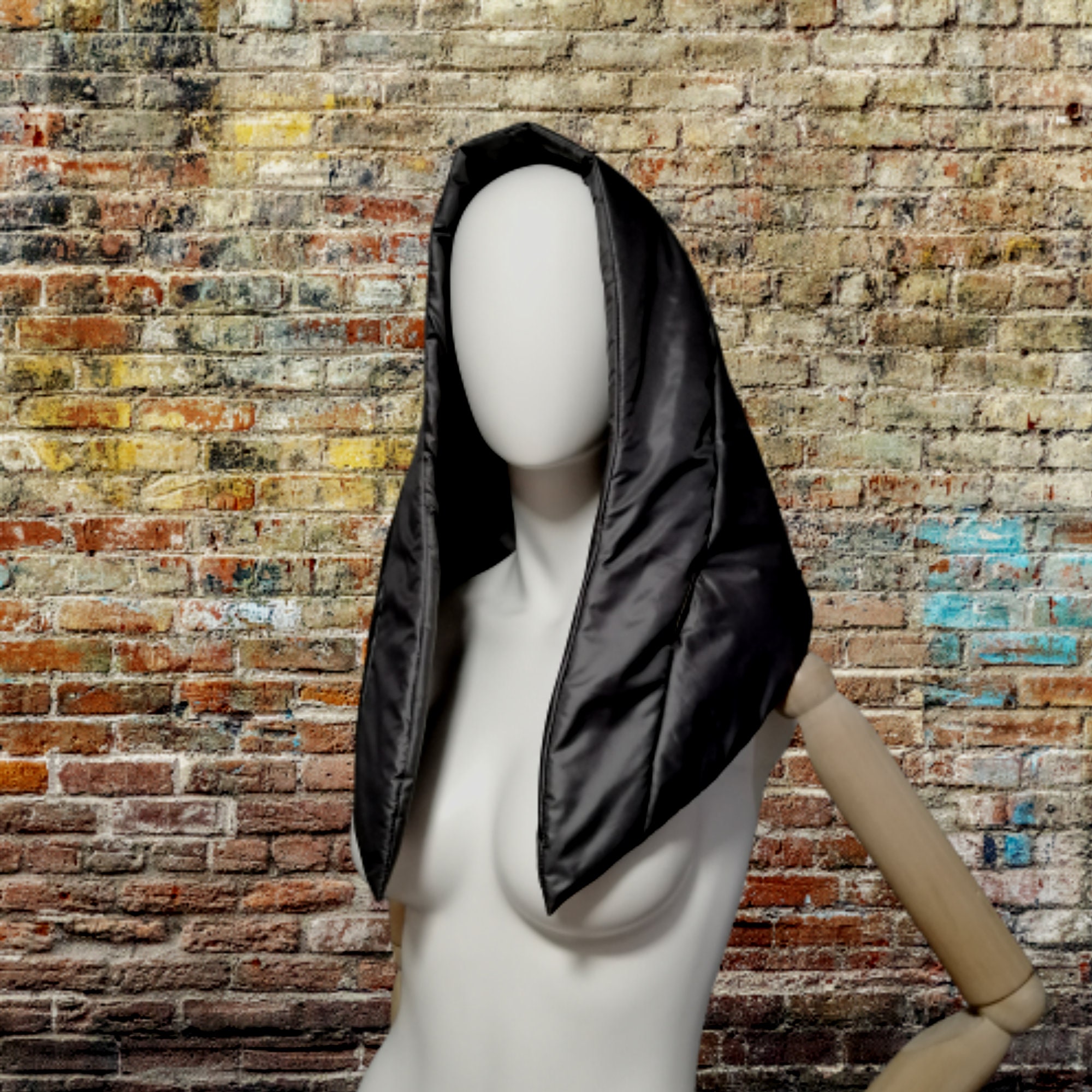 Black Quilted Kerchief. Hood Scarf Puffer. Light Down Headdress. Padded ...