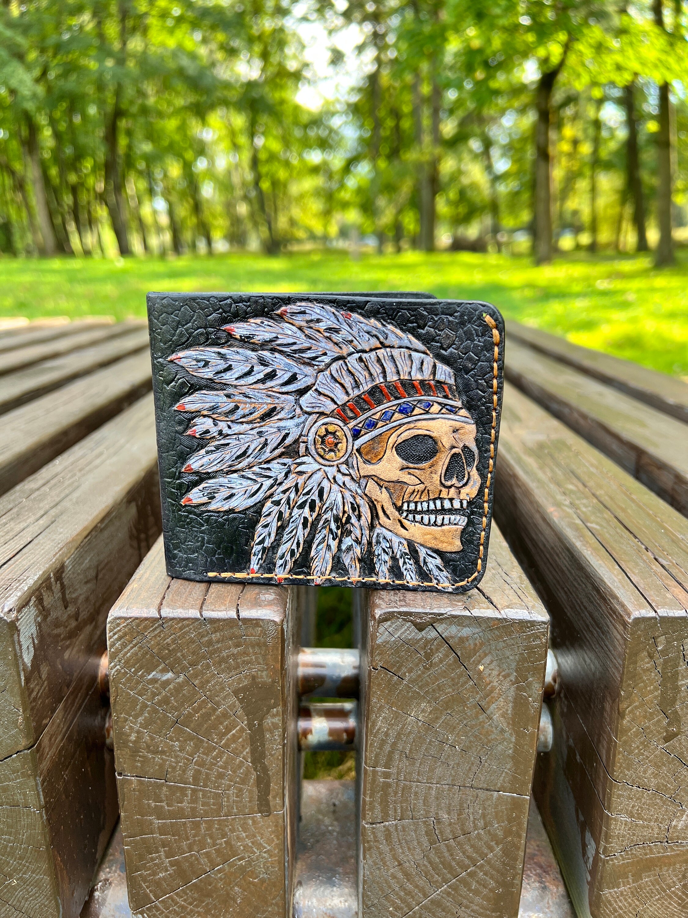 Handmade Leather Bifold Wallet. Indian Skull - Etsy
