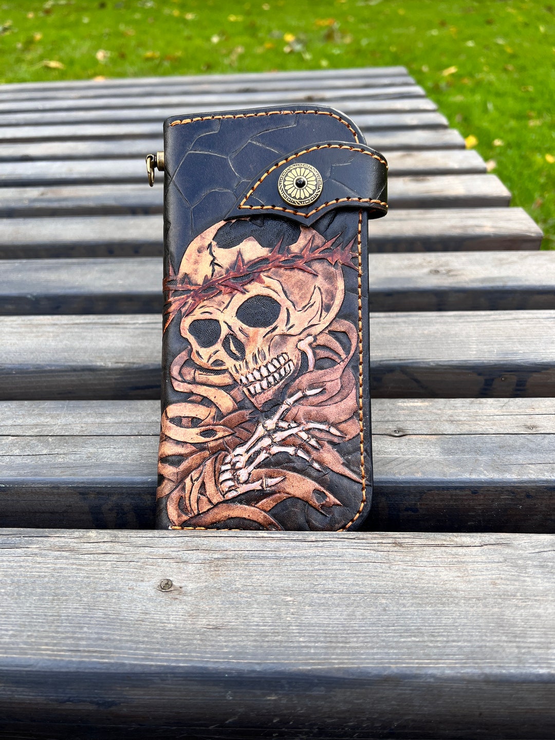 Handmade Leather Long Wallet Biker Wallet ,skull Wallet,hand-tooled ...