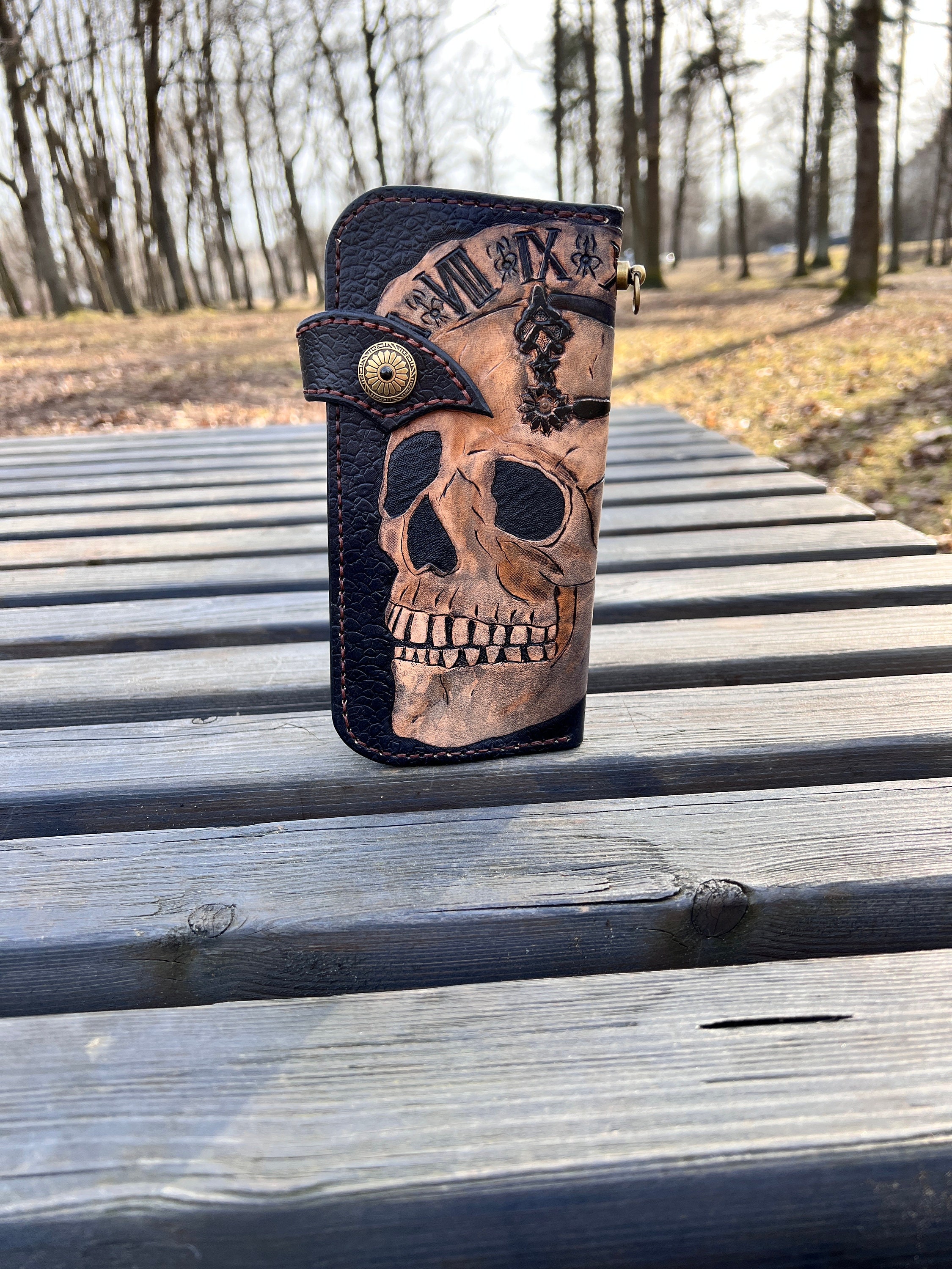Handmade Leather Long Wallet Biker Wallet ,skull Wallet,hand-tooled ...