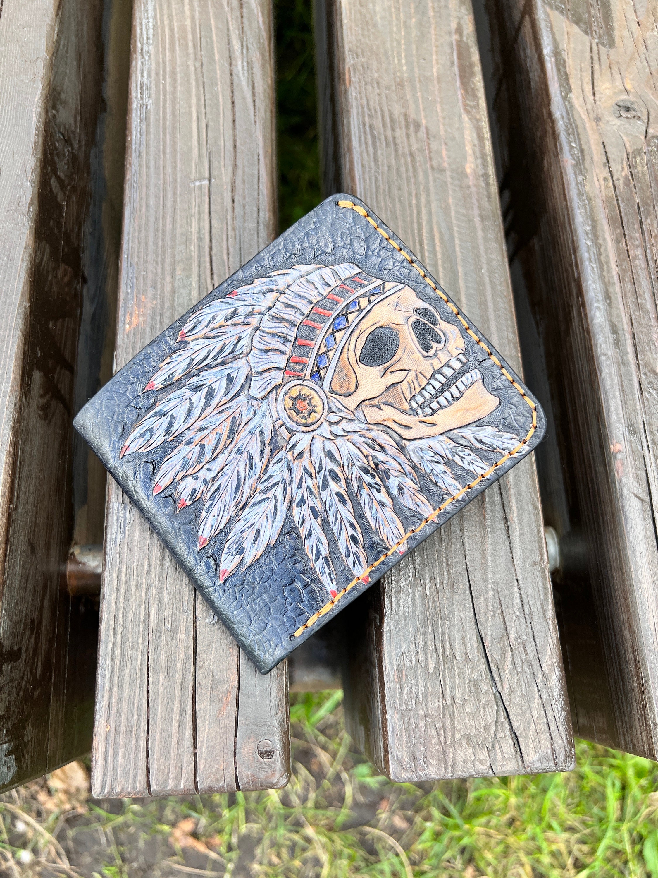 Handmade Leather Bifold Wallet. Indian Skull - Etsy