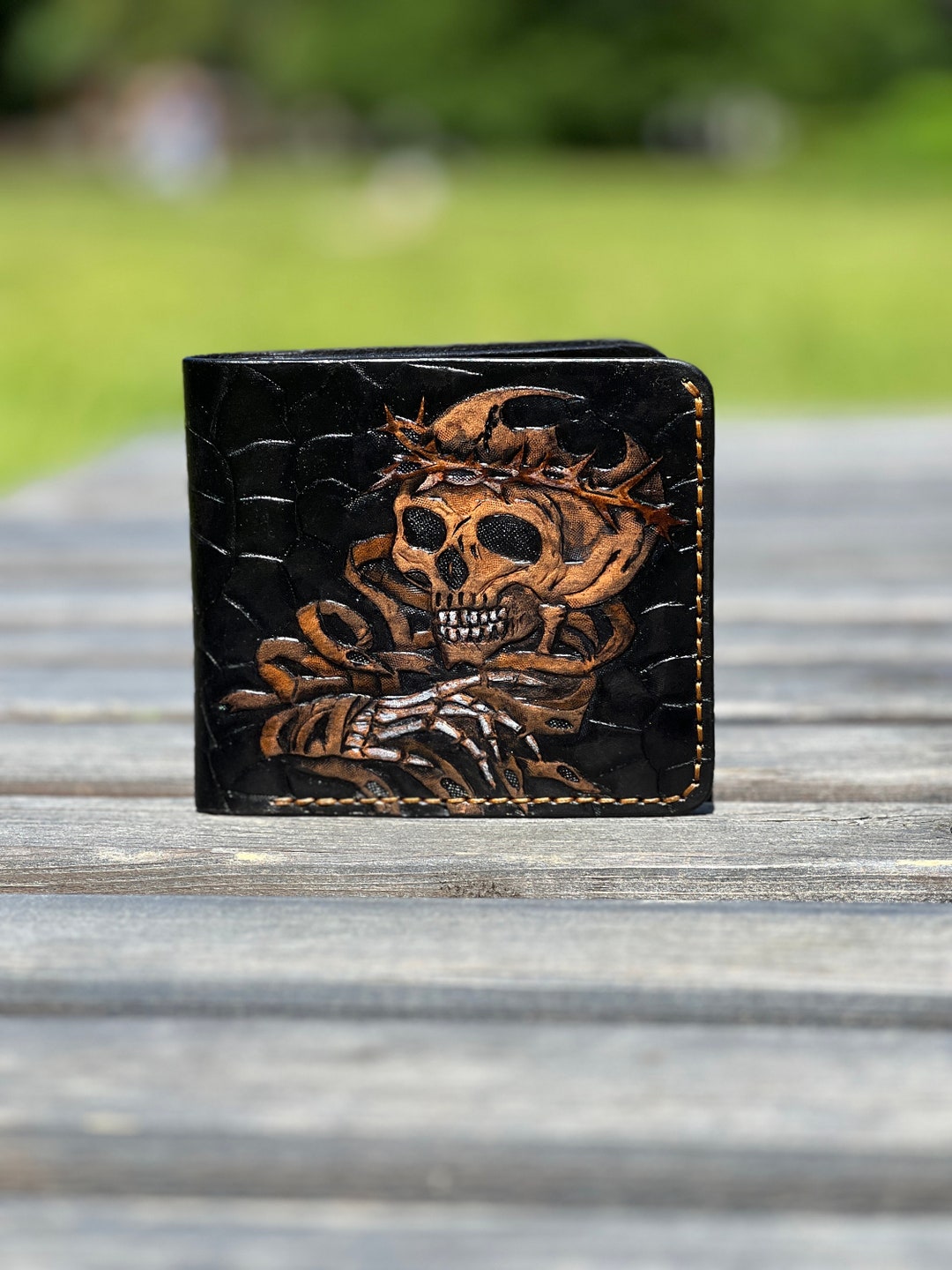 Skull Leather Bifold Wallet Handmade,biker Wallet - Etsy