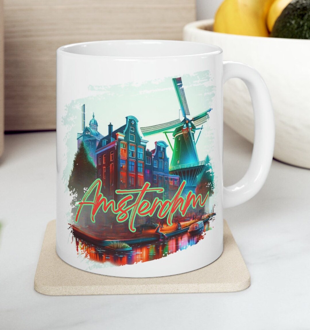 Retro Amsterdam Mug - White Ceramic Coffee Mug, 11oz, Netherlands ...