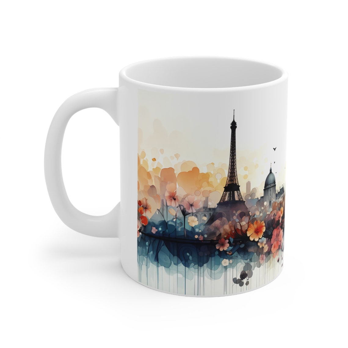 Floral Paris Skyline - White Ceramic Coffee Mug 11oz, Eifel Tower Mug ...