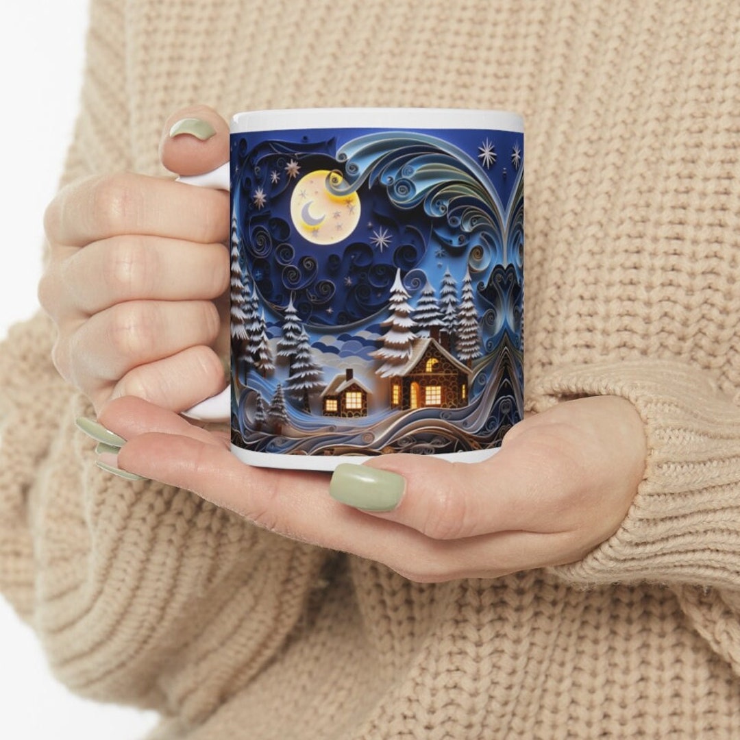 3D Winter Night Mug - White Ceramic Coffee Mug 11oz, Winter Village ...