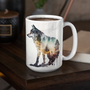 Wolf Coffee Mug 15oz - Silver Wolf Cup, Winter Wolf Lover Mug, Wolf ...