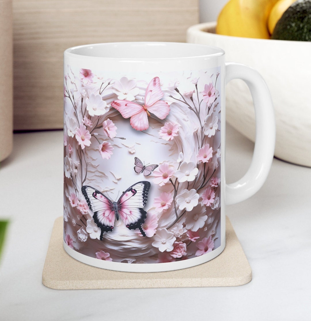 3D Butterfly Mug - White Ceramic Coffee Mug 11oz, Pink Butterflies ...