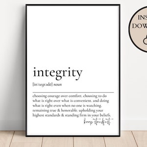 Integrity Definition Print, Printable Wall Art, Inspirational Saying ...