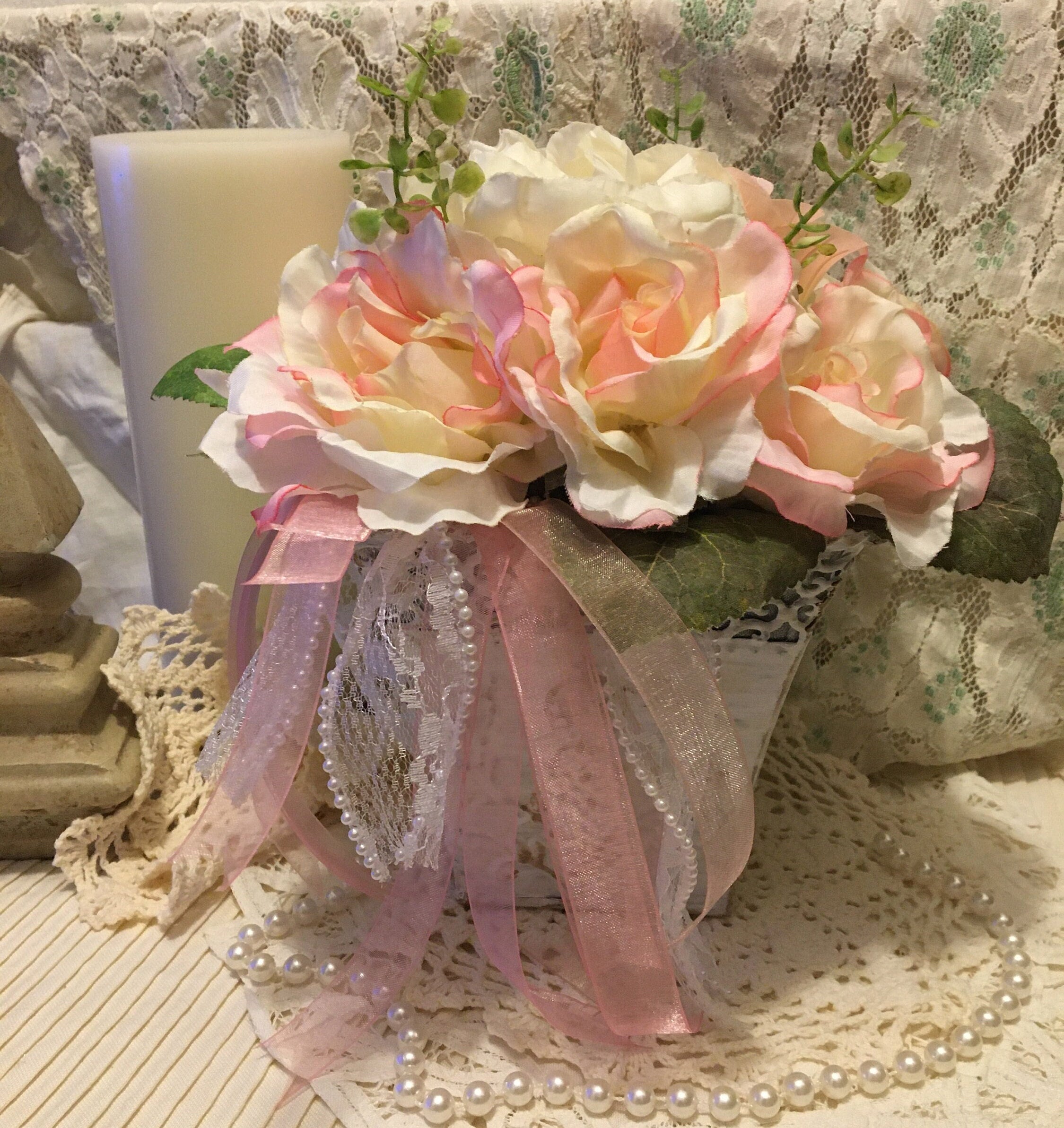 Shabby Chic Rose Arrangement / Small Rose Centerpiece / Shabby Chic ...