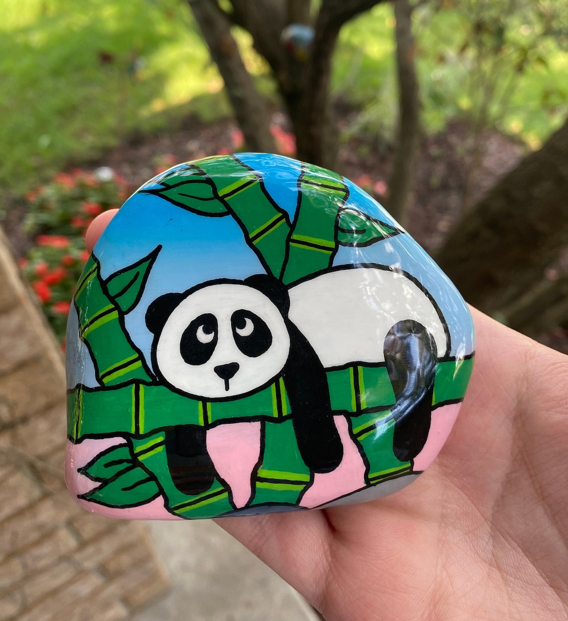 Hand Painted Panda Rock Panda Bear Sitting on Bamboo in a - Etsy Canada