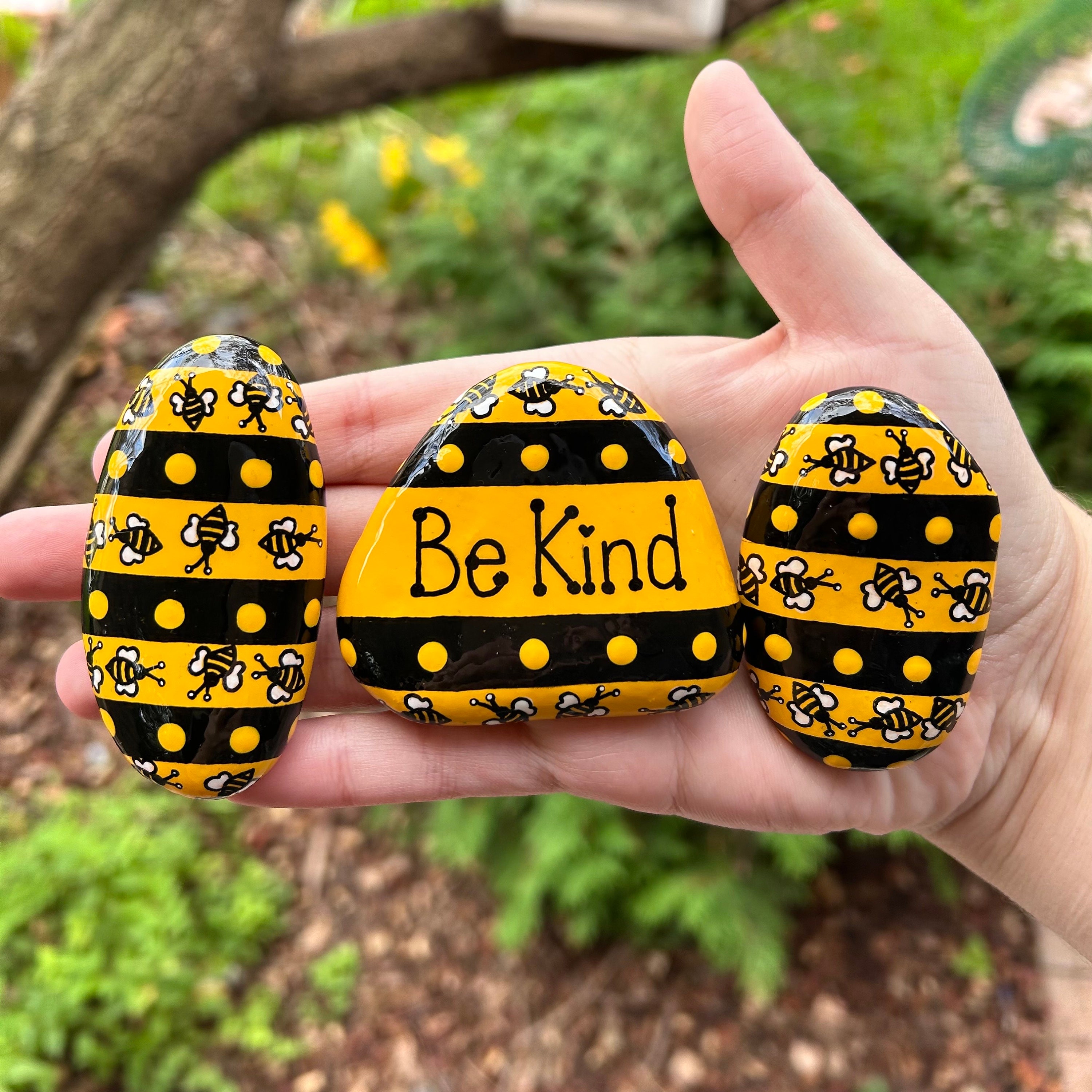 Set of 3 Bee Painted Rocks Be Kind Bumblebee Stones for Decoration ...