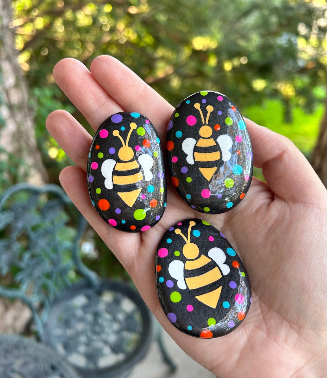 Rainbow Bee Painted Rock Mini Stone Pebble for Indoor, Outdoor, Decor ...