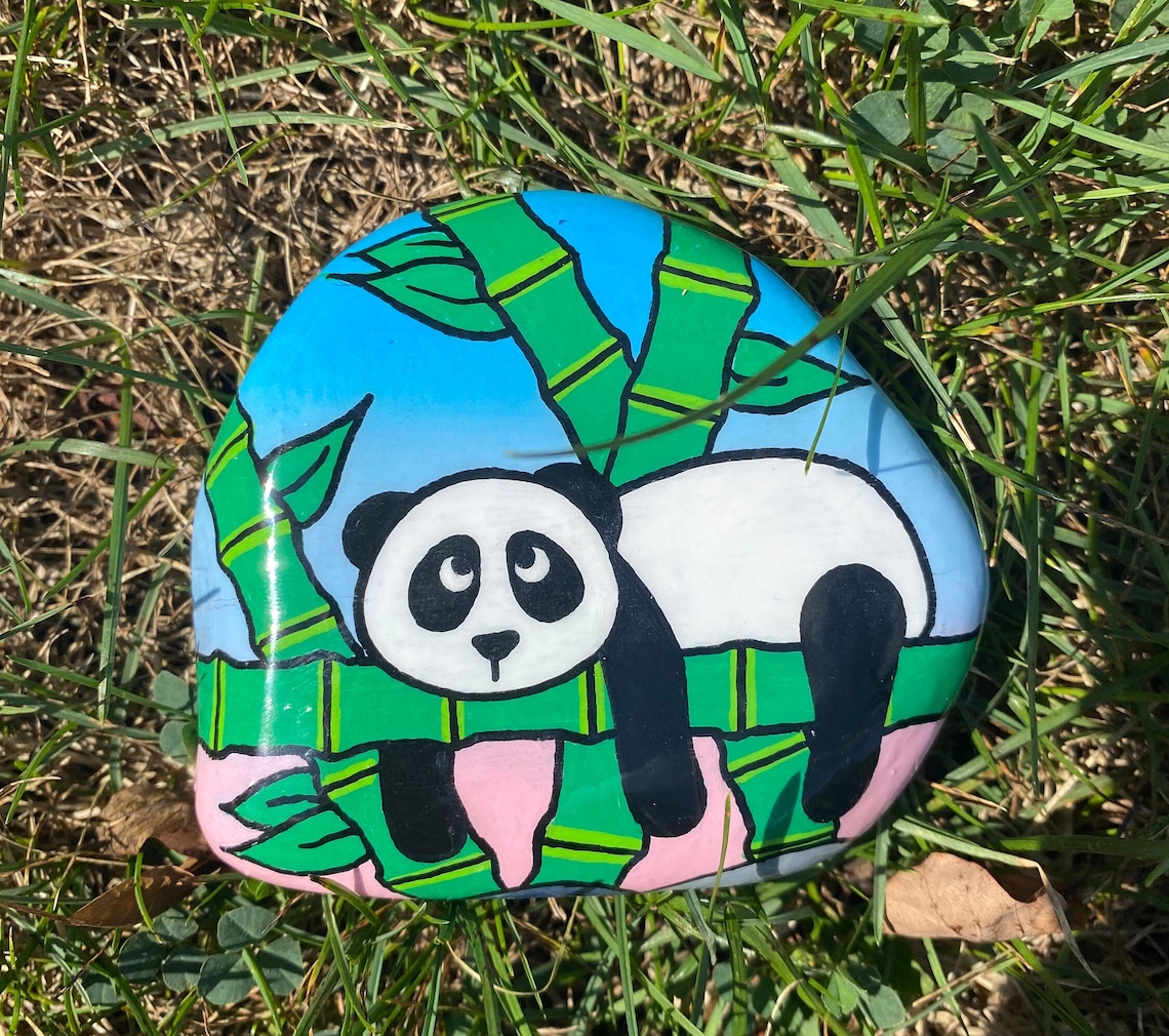 Hand Painted Panda Rock Panda Bear Sitting on Bamboo in a - Etsy Canada
