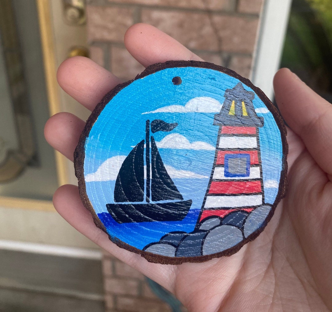 Painted Wood Slice Magnet Summer Lighthouse for Fridge, Kitchen ...