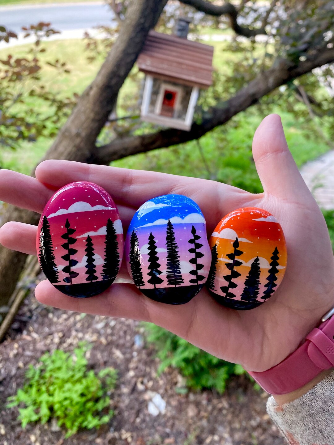 Set of 3 Painted Tree Scenery Rocks Colourful Stones for Outdoors ...