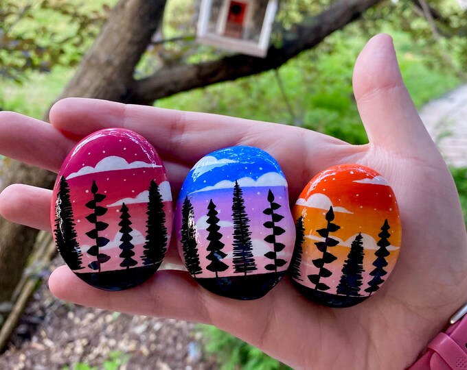 Set of 3 Painted Tree Scenery Rocks - Colourful Stones for Outdoors ...