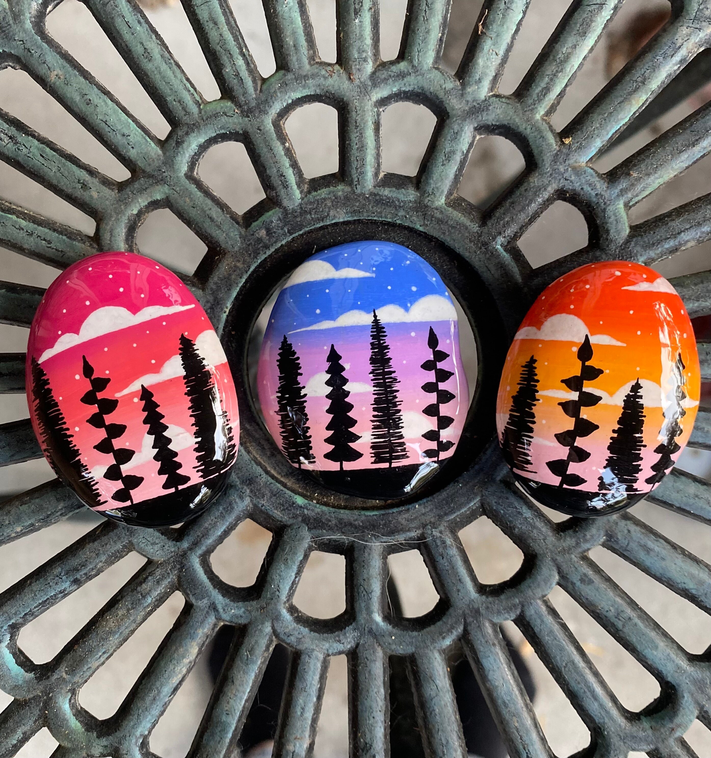 Set of 3 Painted Tree Scenery Rocks Colourful Stones for Outdoors ...