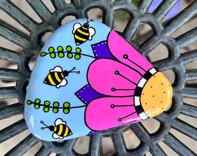 Bees and Flower Hand Painted Stone Rock for Indoor or Outdoor Decor - Etsy
